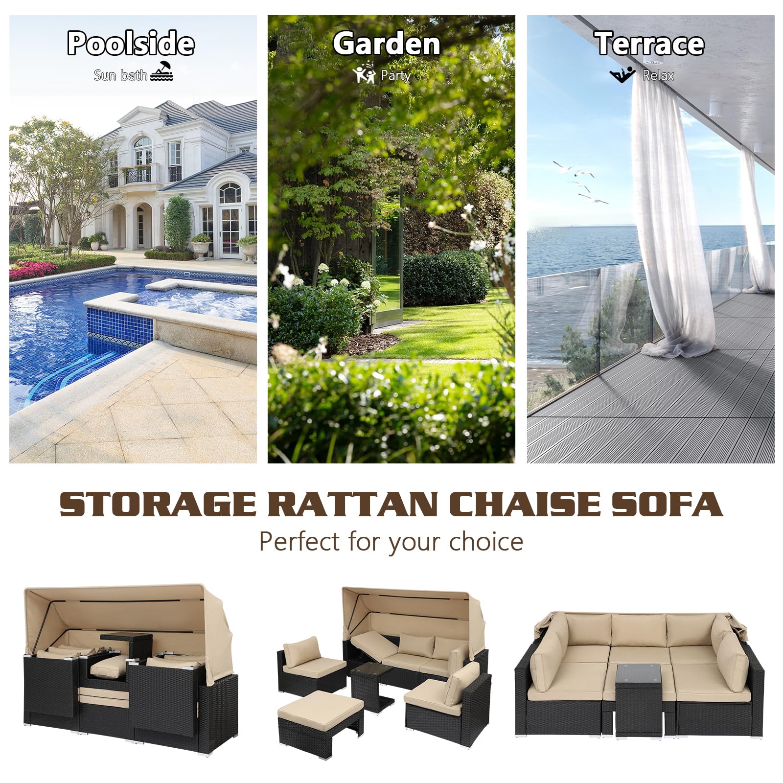 LETATA 7 Pieces Wicker Patio Furniture Sets, Rattan Daybed with Retractable Canopy, Outdoor Sectional Sofa Set with Adjustable Backrest, Chaise Chair Sunbed for Garden Poolside Backyard (Khaki)