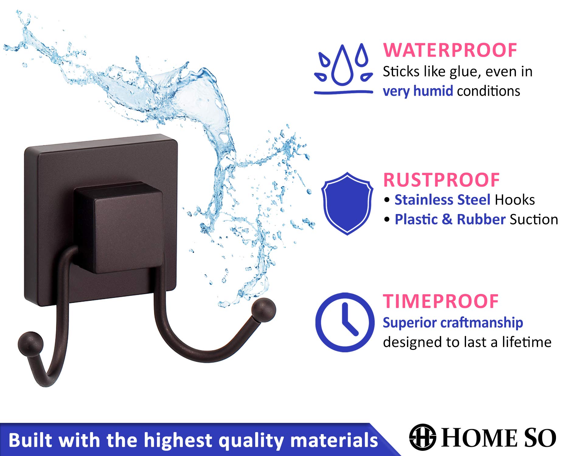 HOME SO Suction Cup Hooks for Shower, Bathroom, Kitchen, Glass Door, Mirror, Tile – Loofah, Towel, Bath Robe Removable Hook Holder – Prisma Collection, Stainless Steel Bronze (2-Pack)…