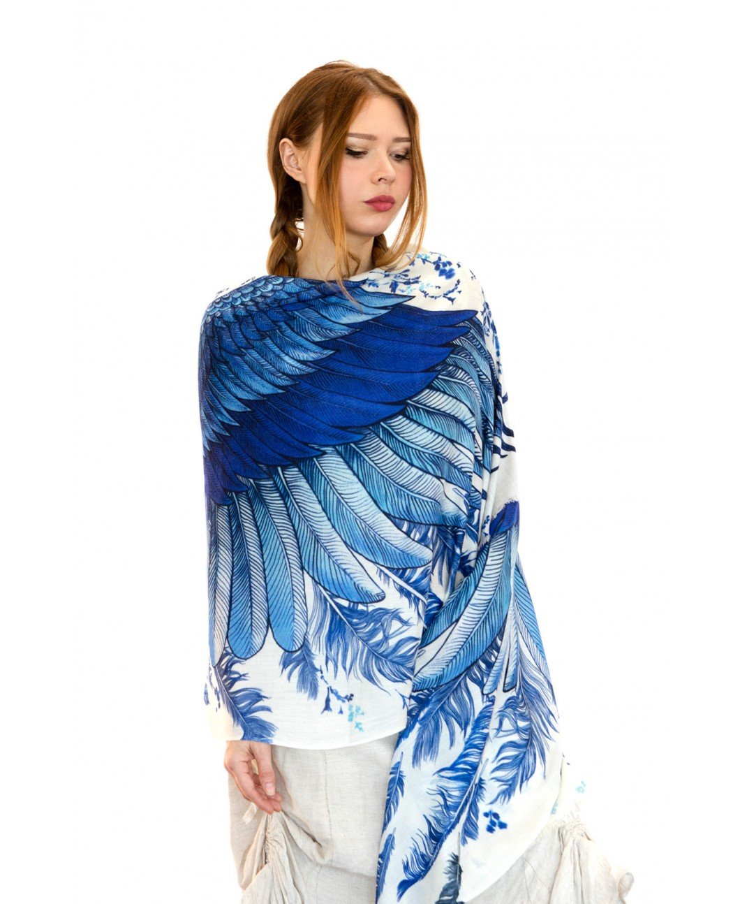 Pure Silk Wearable Artistic Hand Painted Bird Wing Feather Scarf (Blue Wings)