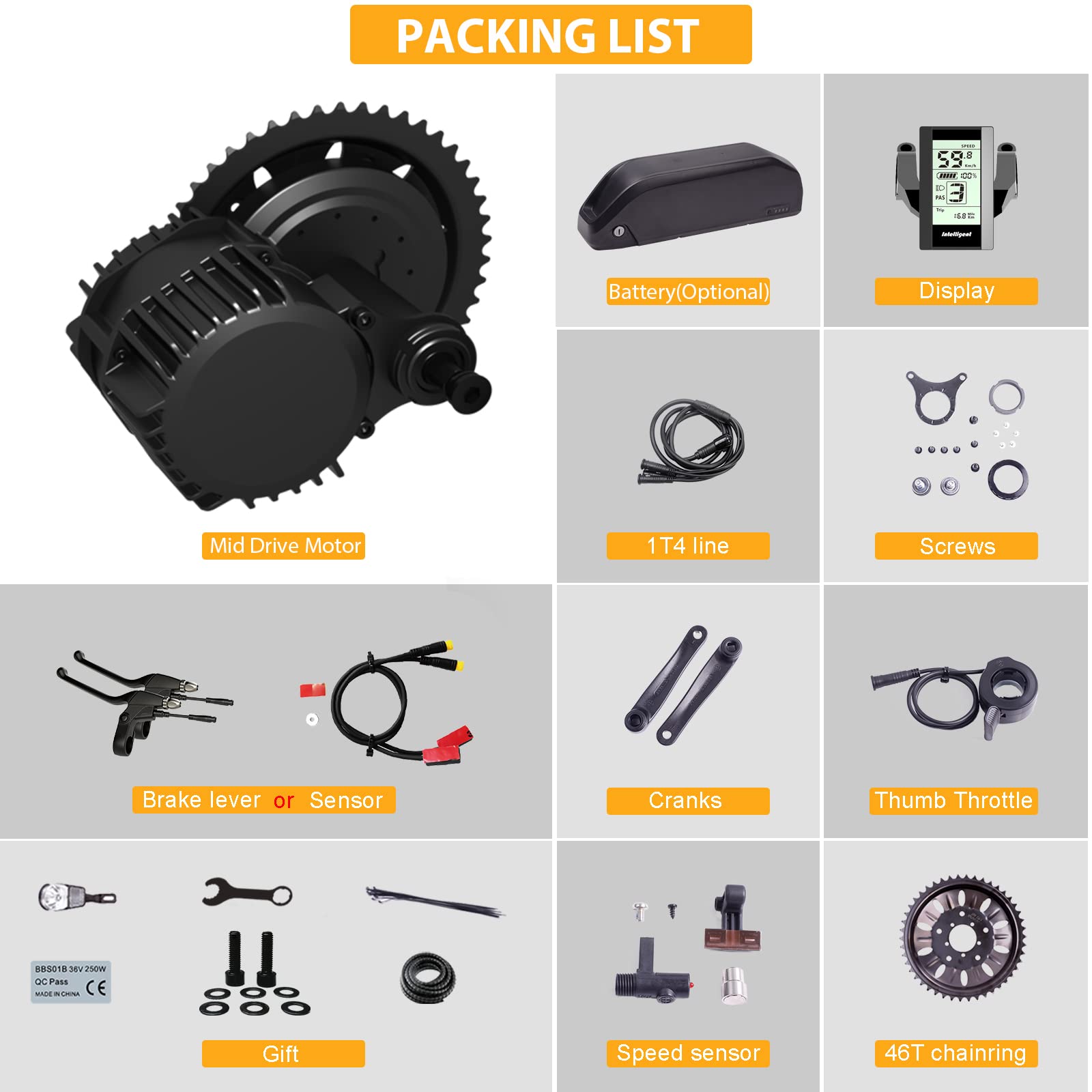 DERUIZ Electric Bike Conversion Kit BBSHD 1000W Mid Drive Kit with Battery Ebike Conversion Kit DIY Motor Kit 48V 52V Lithium Battery with Optional Display for Road Bikes Mountain Bikes
