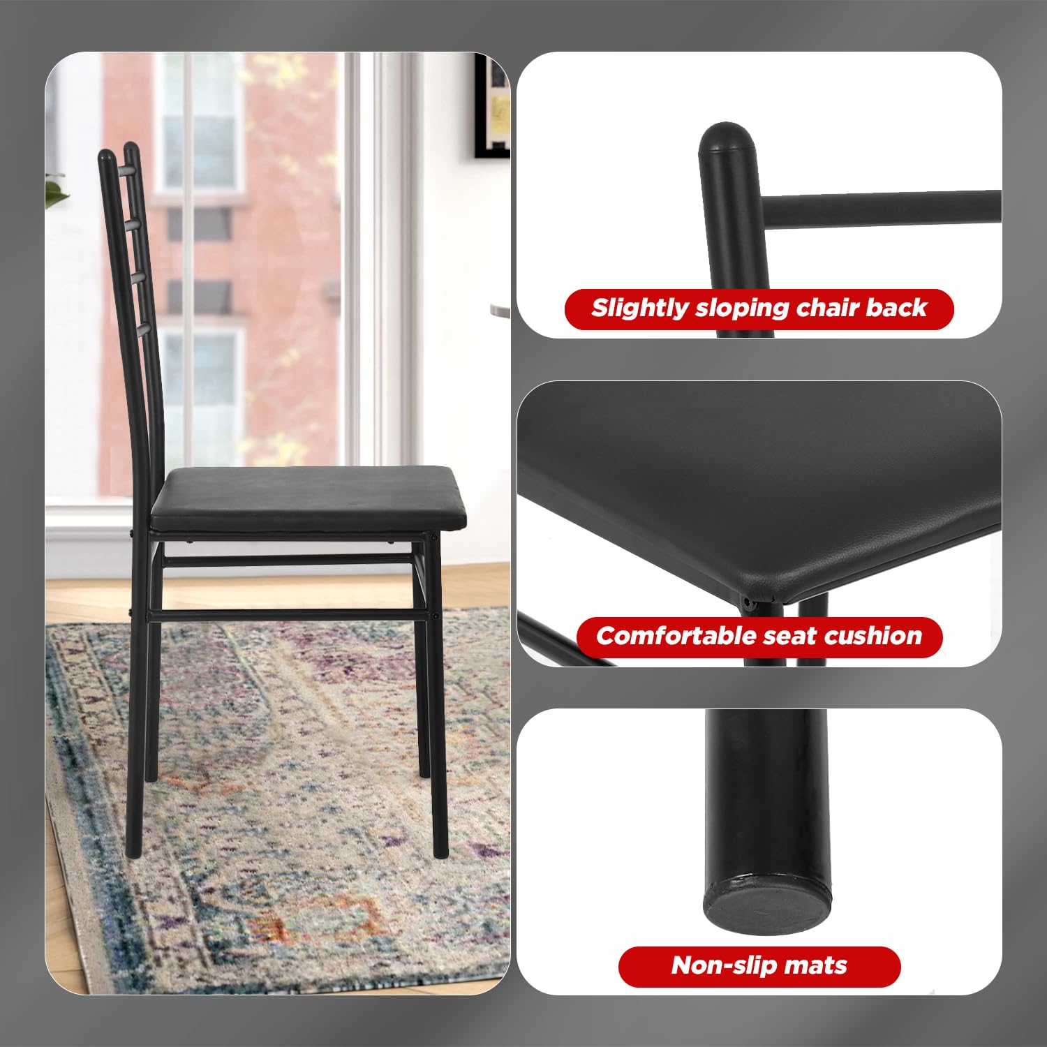 FDW Classic Dining Table Set 5 Piece,Metal Frame Glass Top Table and 4 Rectangular Modern Chairs Set,Suitable Small Space Kitchen Table Set for 4,Black
