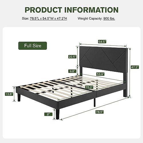 IMUsee Full Size Bed Frame, Upholstered Bed Frame with Geometric Headboard, Heavy Duty Mattress Foundation with Wooden Slats, Easy Assembly, Dark Grey