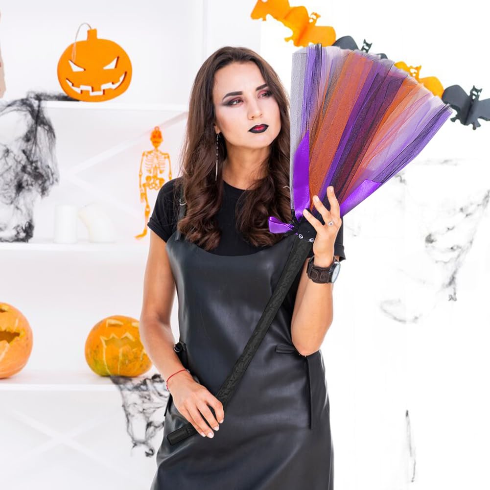 Halloween Witch Broom, 42'' Witch Broomstick Wizard Flying Gauze Broom, Witch Accessories Witch Decor for Cosplay Broom Props Dress up Halloween Party Decorations(A)