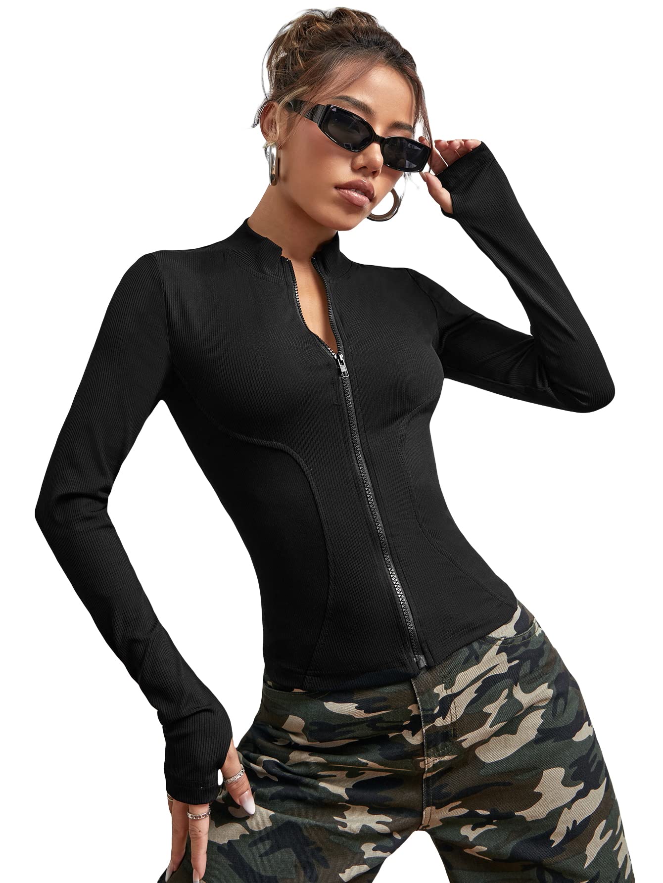 COZYEASE Women's Athletic Zip Up Lightweight Jacket Long Sleeve Cropped Workout Tops with Thumb Holes Black M