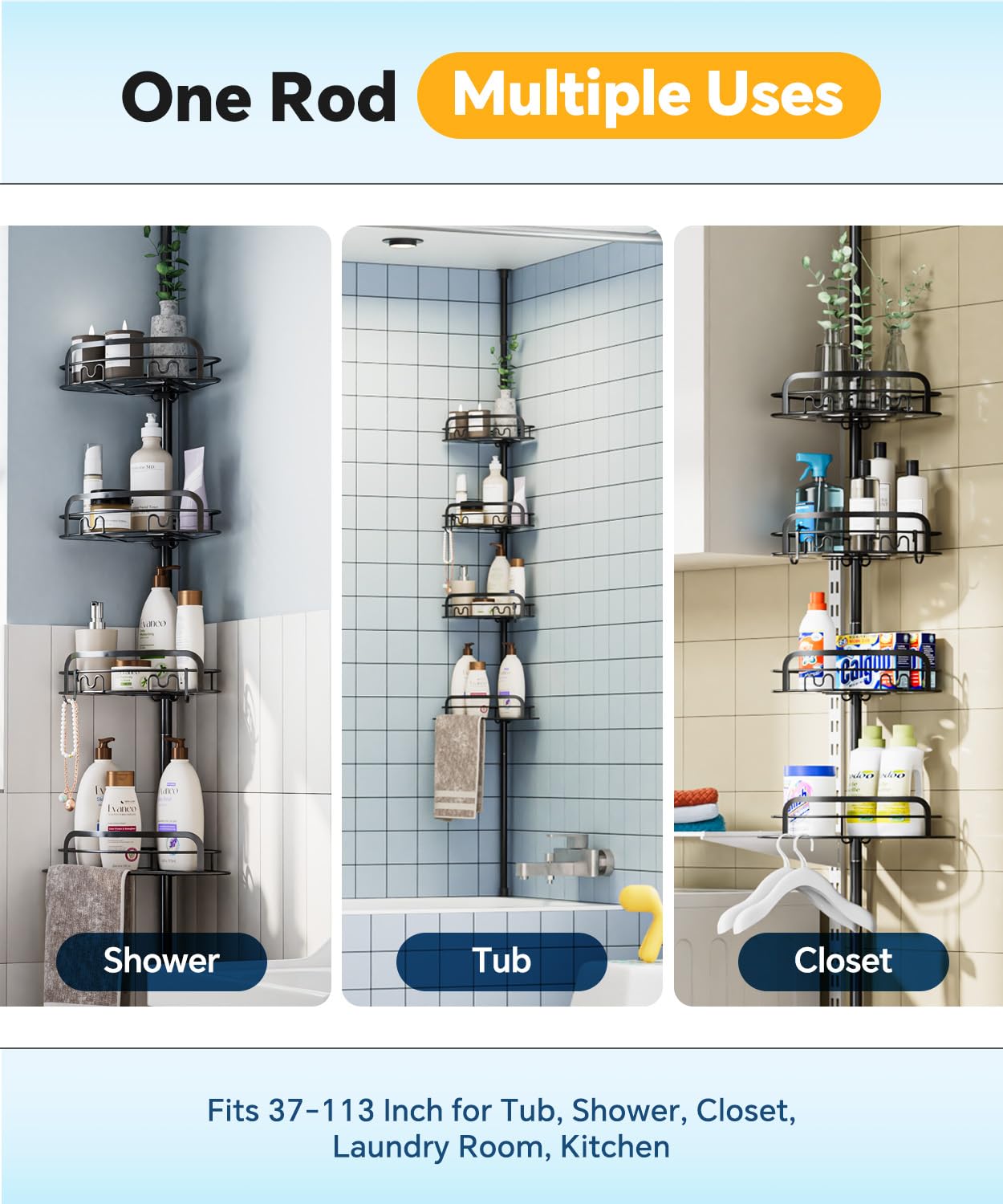 EUHOME Shower Caddy Tension Pole, Corner Shower Caddy Tension Rod 4 Adjustable Shelves Standing Shower Caddy for Bathroom Organizers Storage, Black