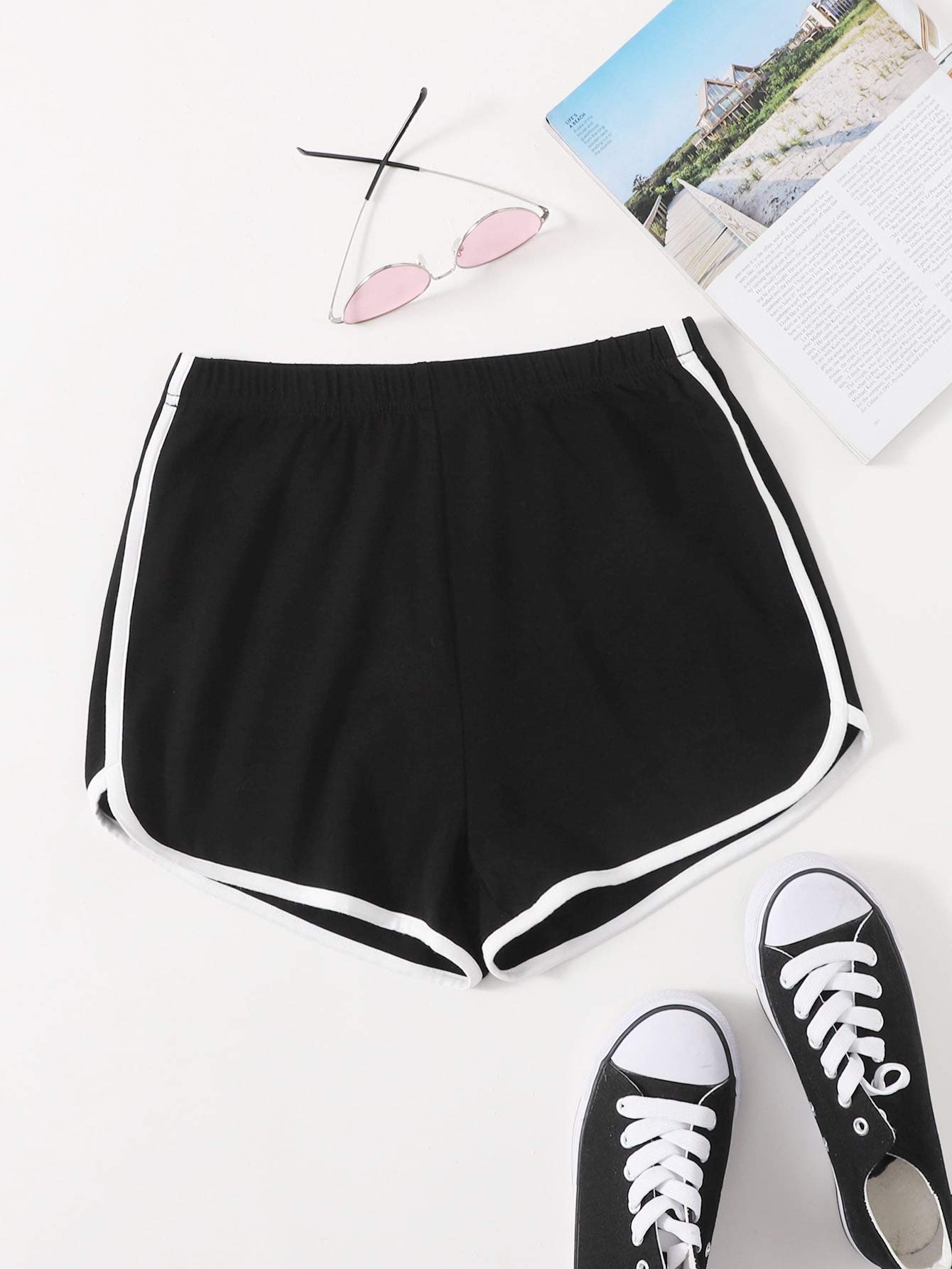 COZYEASE Women's Contrast Binding Track Shorts Stretchy Elastic Waist Athletic Workout Shorts Black M
