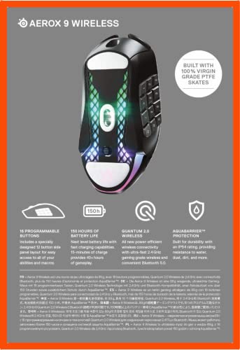 SteelSeries Aerox 9 Wireless – Ultra-Lightweight Wireless Gaming Mouse – 18000 CPI – TrueMove Air Optical Sensor - Water Resistant– 180 Hour Battery – 18 Programmable Buttons