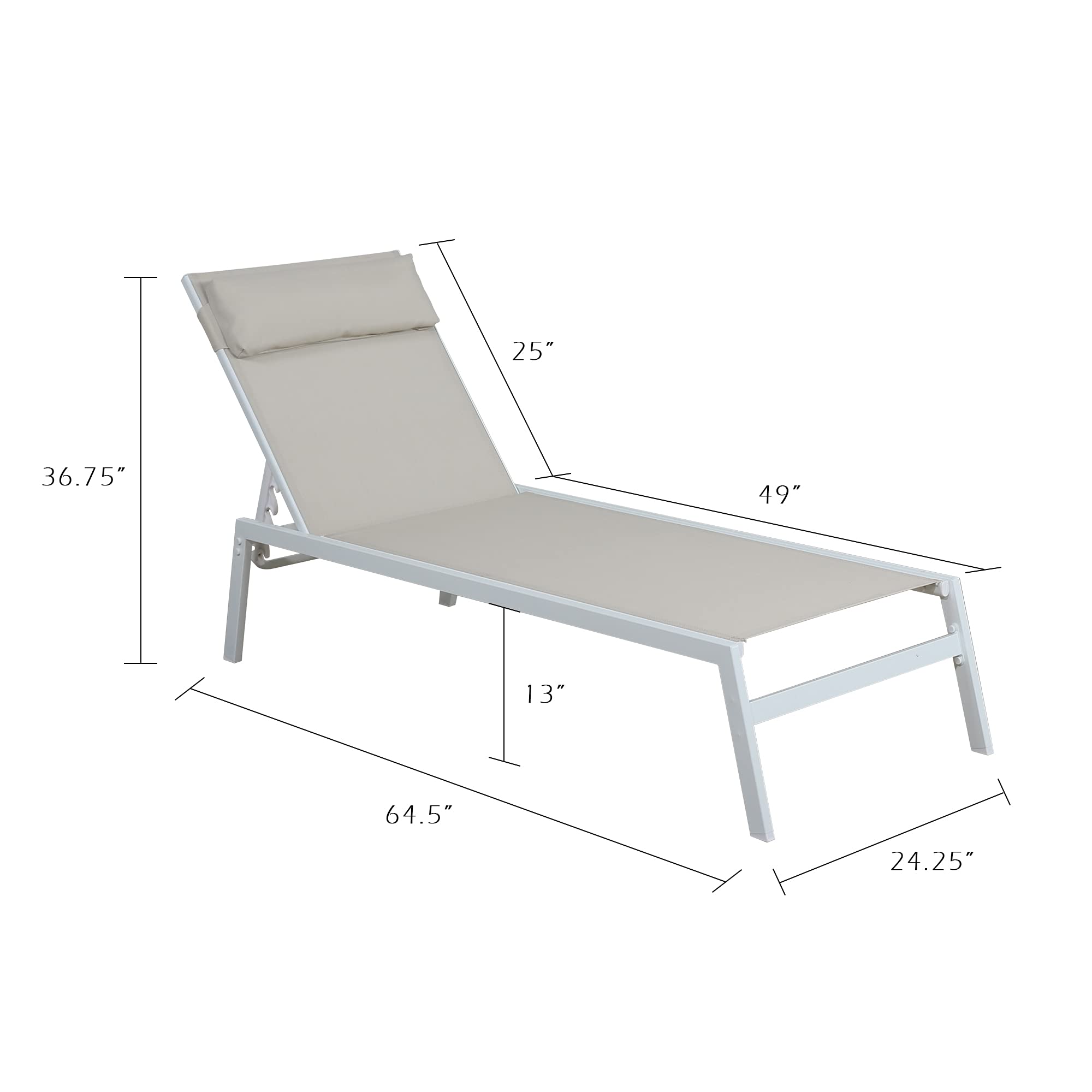 PATIO TREE 2 PCS Patio Full Flat Chaise Lounges Outdoor Steel Recliner Lounge Chairs with Four-Position Adjustable Backrest, Beige