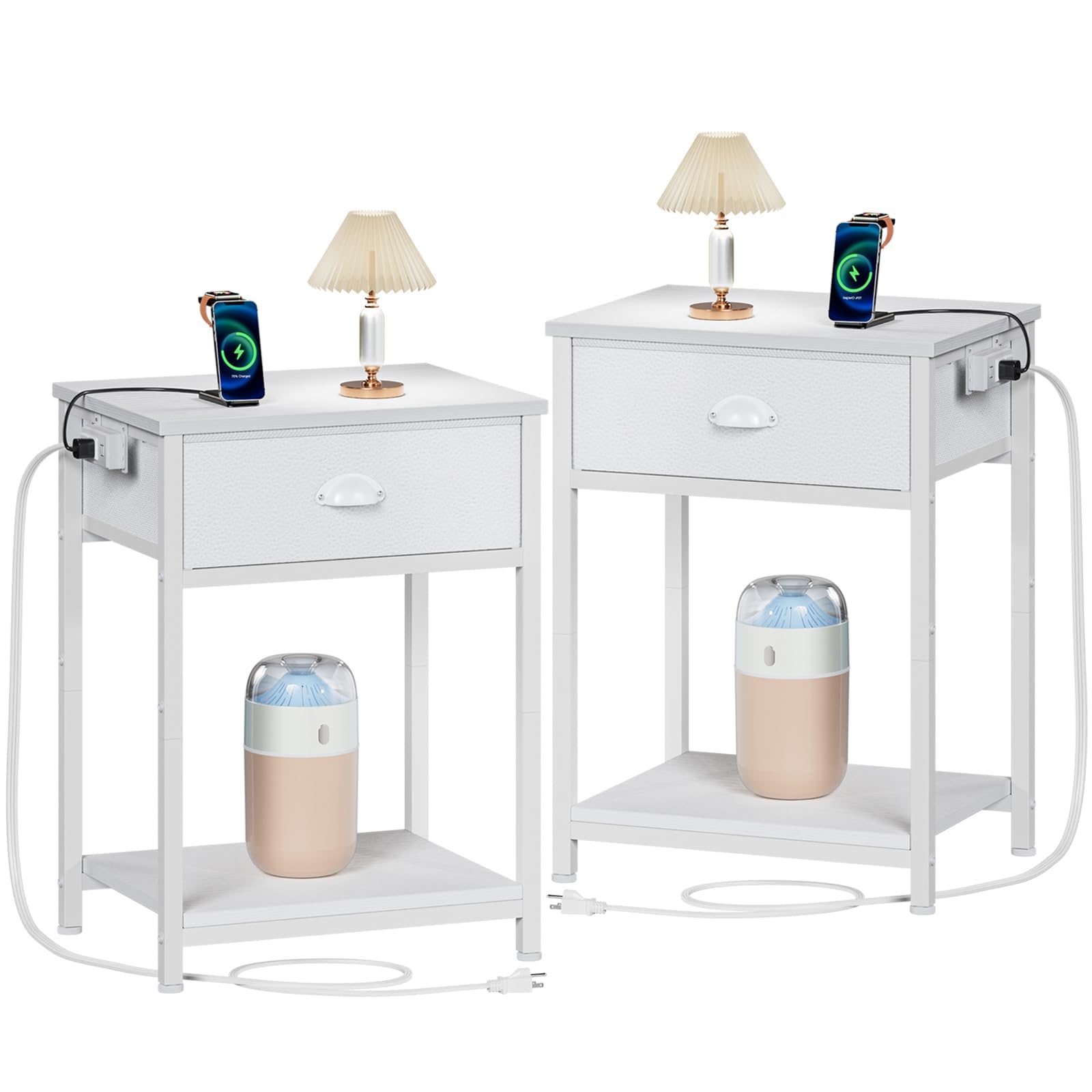 Furologee White Nightstands Set of 2 with Charging Station, Small Bed Side Table with Fabric Drawer for Small Spaces, 2 Tiers Storage Shelves End Table for Living Room, Bedroom, Dorm