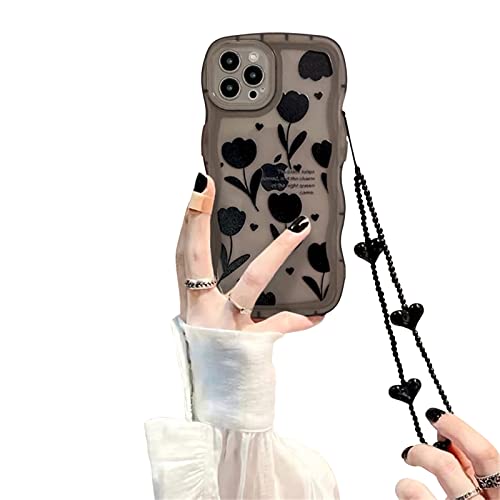 Fycyko Compatible for iPhone 14 Pro Max Case with Cute Simplicity Black Flowers Pattern Design Women Teen Girls Lens Protection Case for iPhone 14 Pro Max +Black Heart Chain