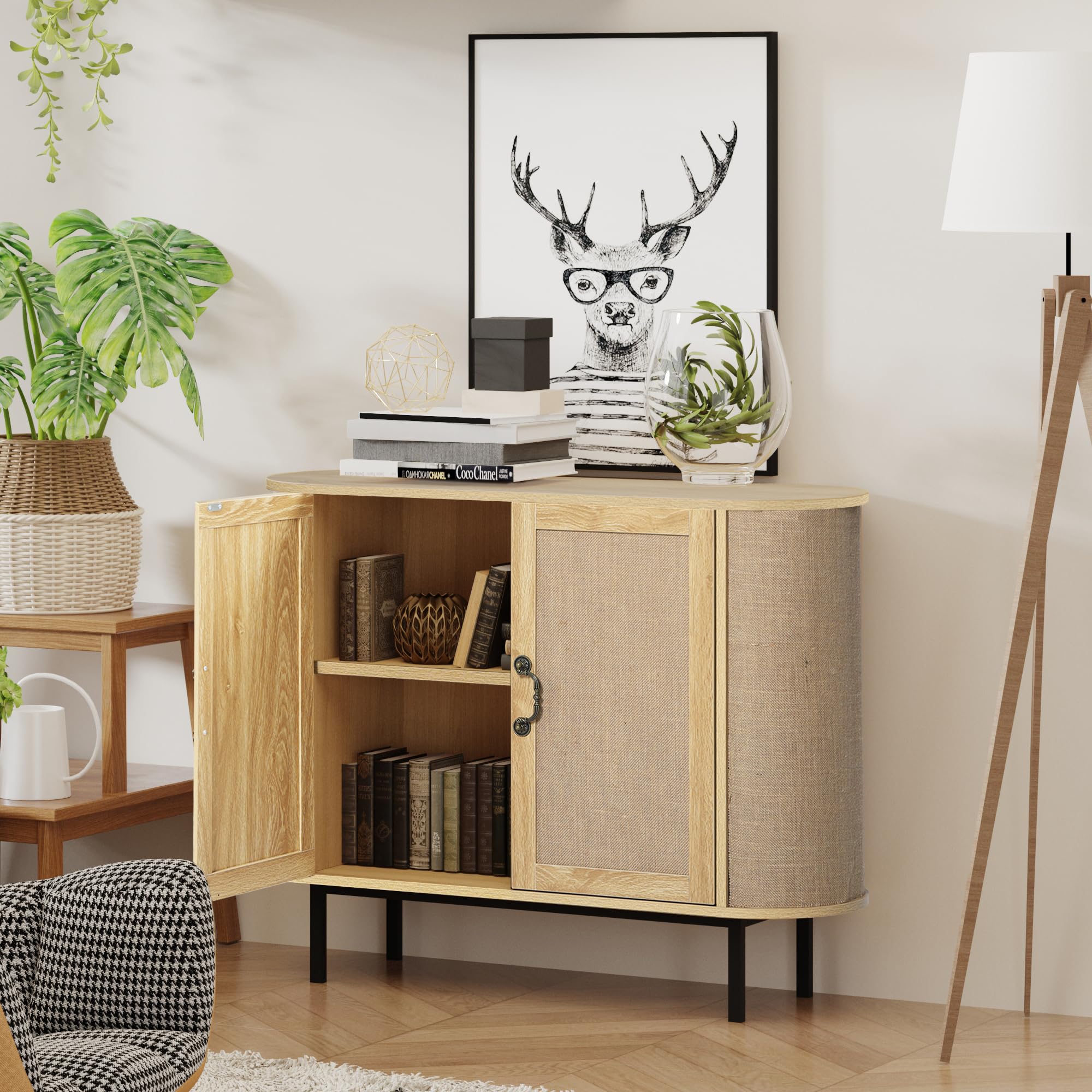 FurSch 40” Sideboard Buffet Cabinet with Storage,Oval Small Buffet Cabinet,Boho Rattan Accent Cabinet Sideboard for Living Room,Dining Room