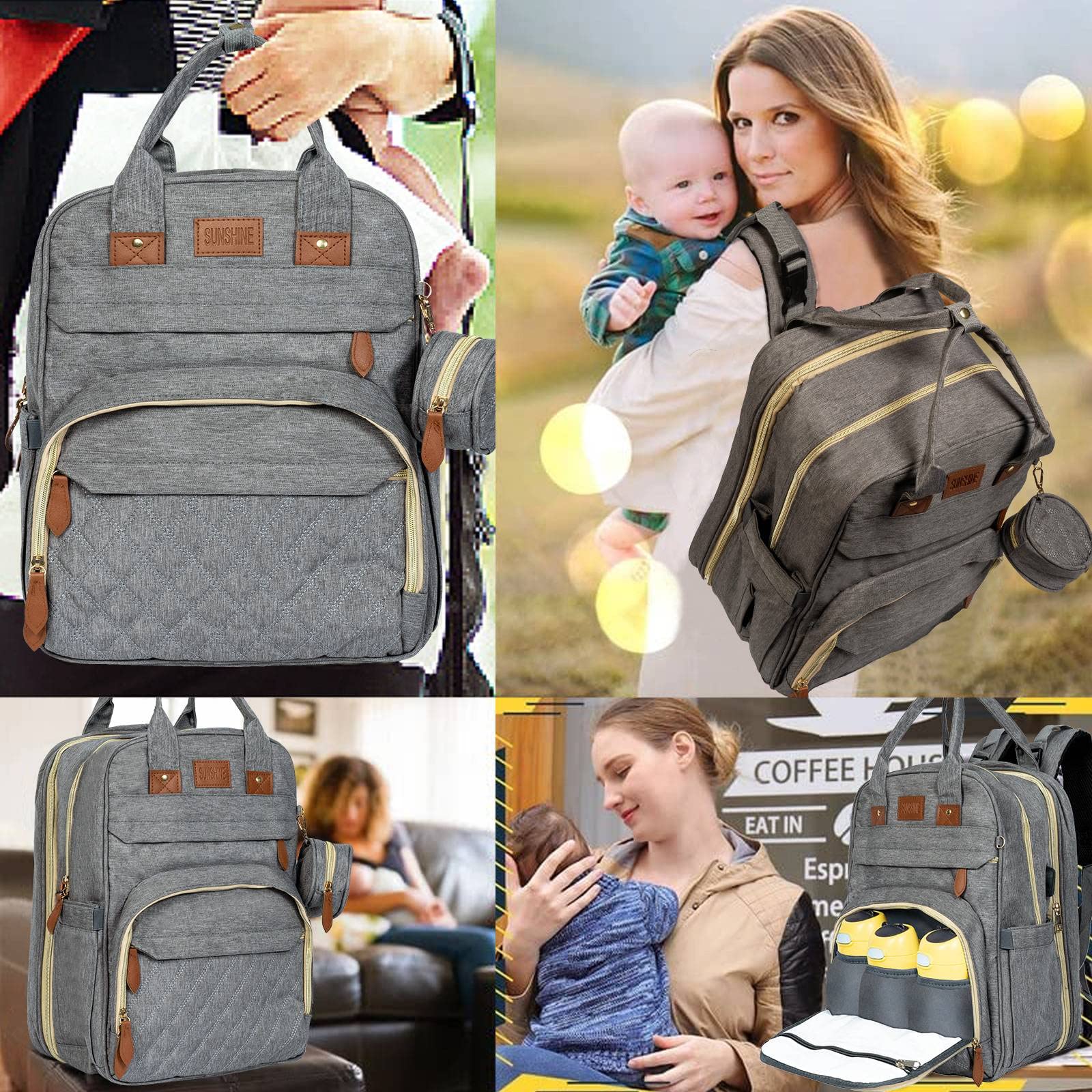 DAILY&DIARY Diaper Bag Backpack, Baby Bag Multifunction Waterproof Nappy Bag with Stroller Straps, USB Charging Port Unisex for Newborn Boys Girls, Grey