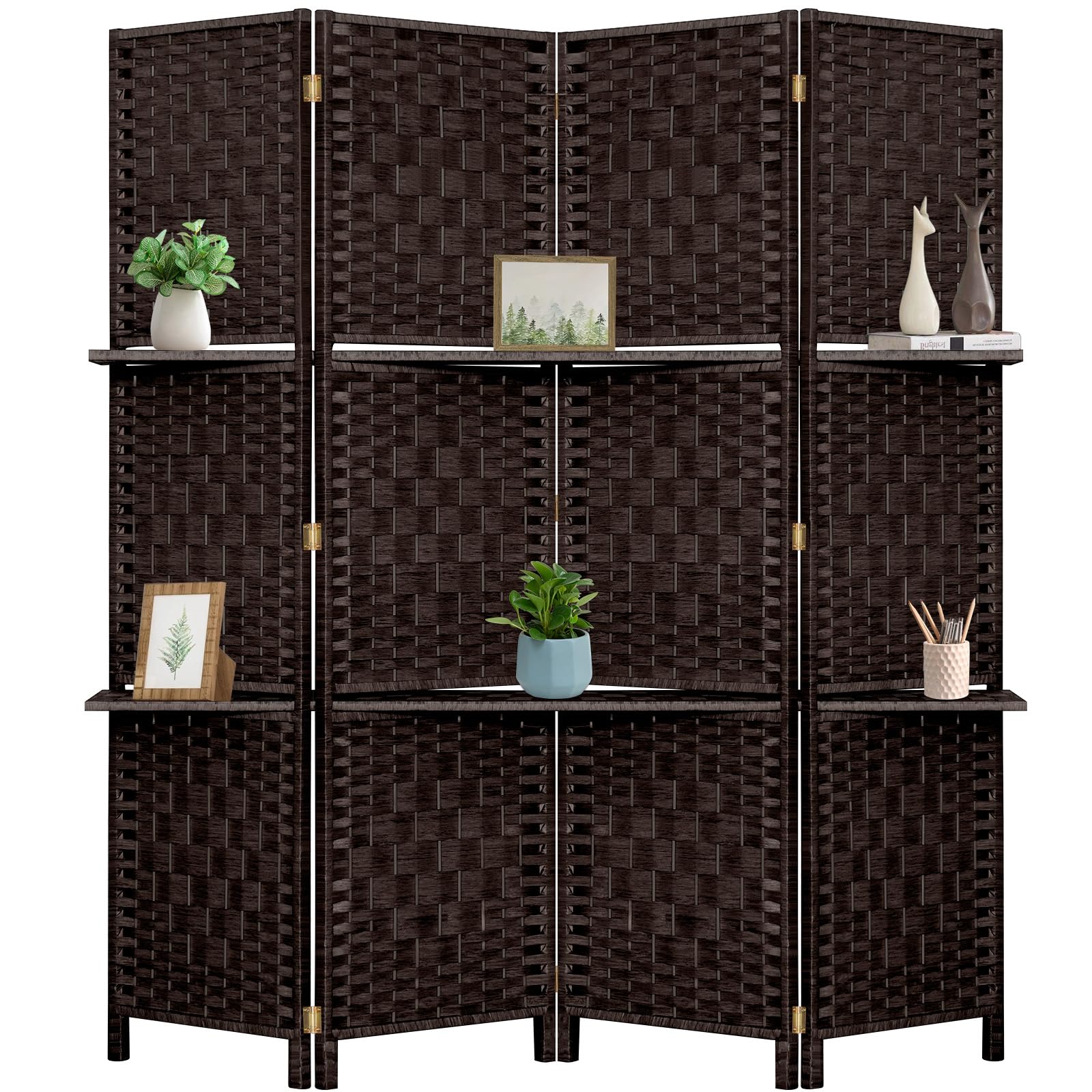 HALLYBEE Room Divider with Shelves, Room Dividers and Folding Privacy Screens, Divider for Room Separation Partition Room Dividers, 16" Folding Screen 6FT Room Divider Wall 4 Panel, Dark Mocha