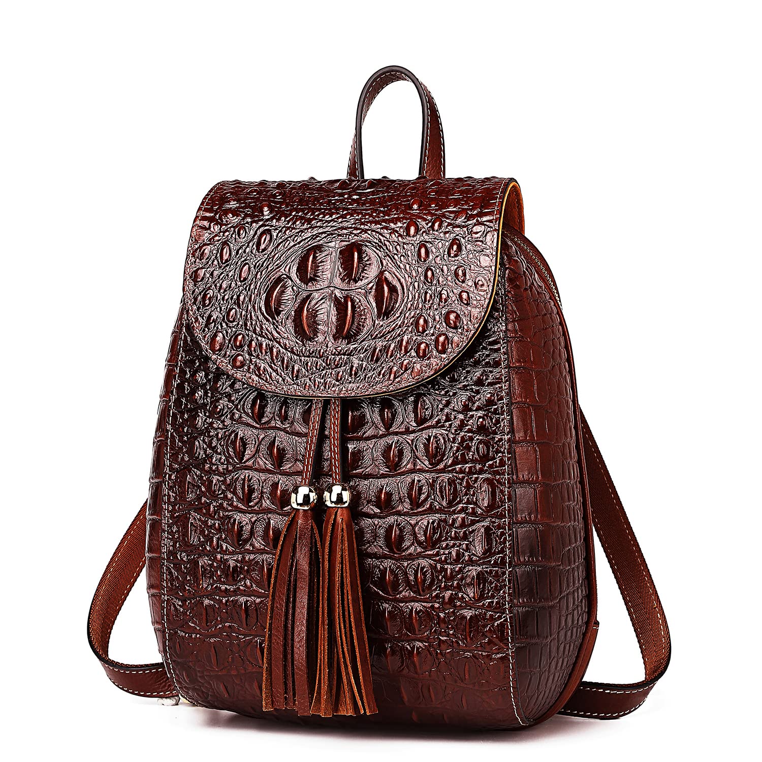 COOLCY Women Small Genuine Leather Backpack Purse Crocodile Designer Bag (Dark Brown)