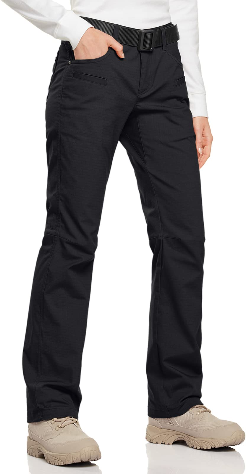 CQR Women's Flex Stretch Tactical Pants, Outdoor Hiking Pants with Pockets, Water Resistant Ripstop Work Pants, Flexy Stratight Black, 16