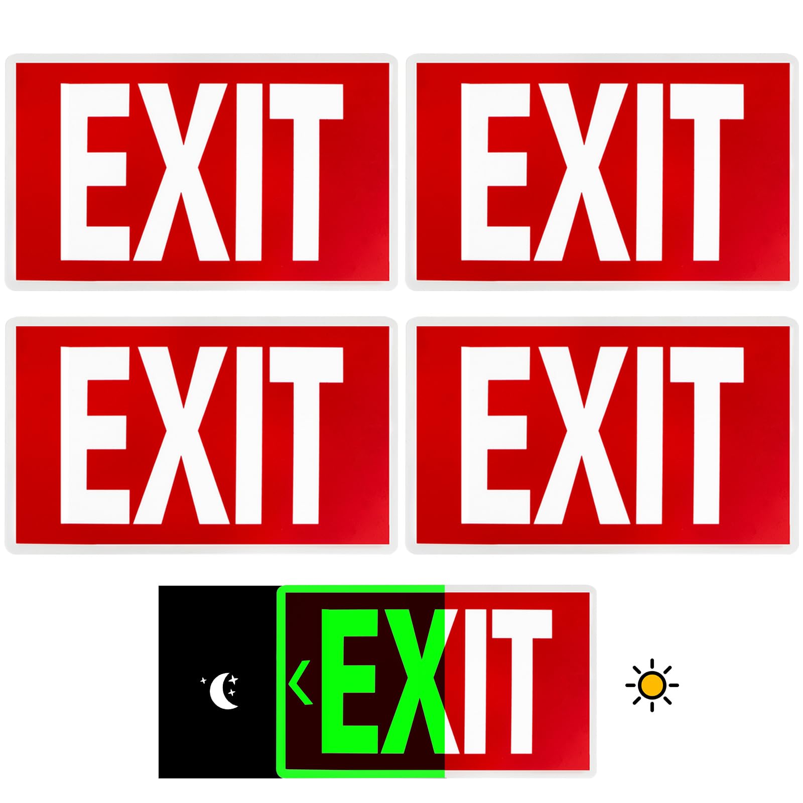 EXIT Sign - Glow In The Dark Photoluminescent EXIT Sign- 12"x7" Red With Adhesive Backing and Removable Directional Arrows Waterproof, Fade Resistant,4-Pack Exit Signs for Business