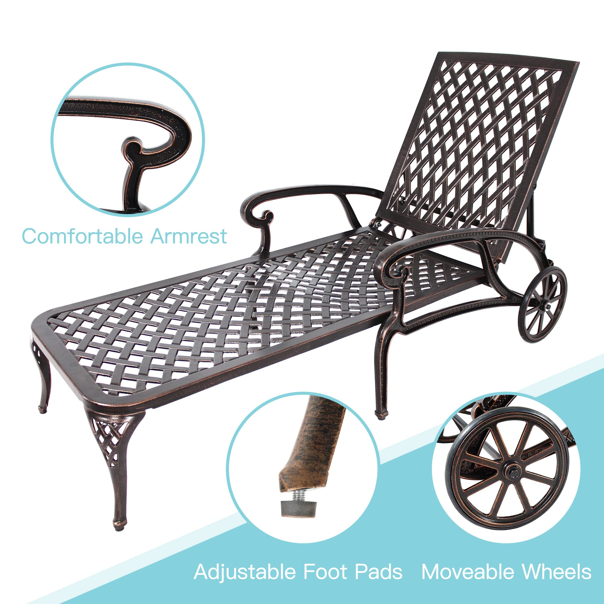 HOMEFUN Chaise Lounge Chair Outdoor, Pool Lounge Chairs Set of 2 Cast Aluminum Tanning Chairs with Adjustable Backrest and Moveable Wheels, Bronze