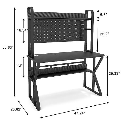 Chnnmbrn Gaming Desk with Pegboard,Large PC Table Computer Desk with Shelves,Multifunctional Workbench,Home Office Desk, Study Writing Workstation