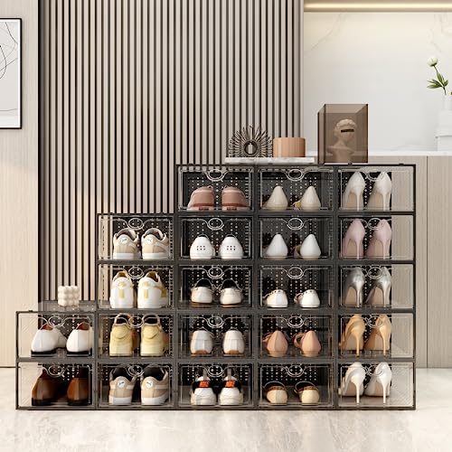 Pinkpum 12 Pack Shoe Storage Boxes, Shoe Organizer for Closet X-Large, Black Clear Plastic Stackable Sneaker Storage Containers Bins with Lids, Clear Shoe Display Case Containers, Fit for Size 11