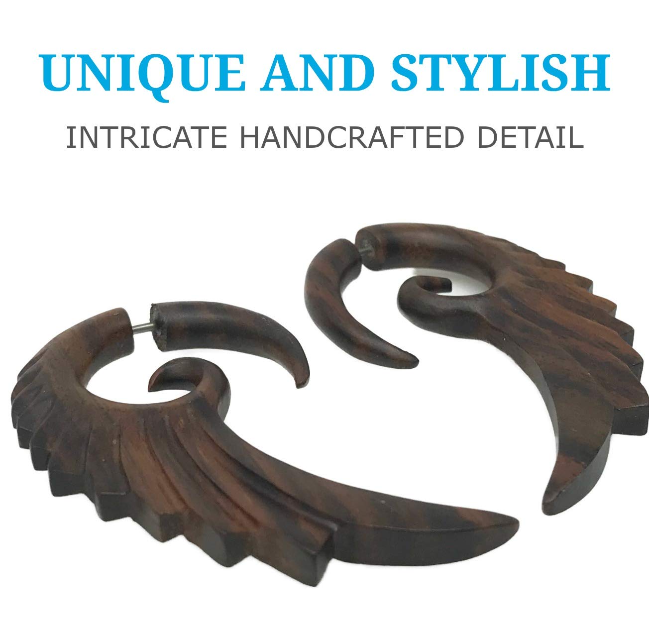 UMBRELLALABORATORY Tribal Organics Earrings Wooden Tropical Feathered Style Fake Gauges