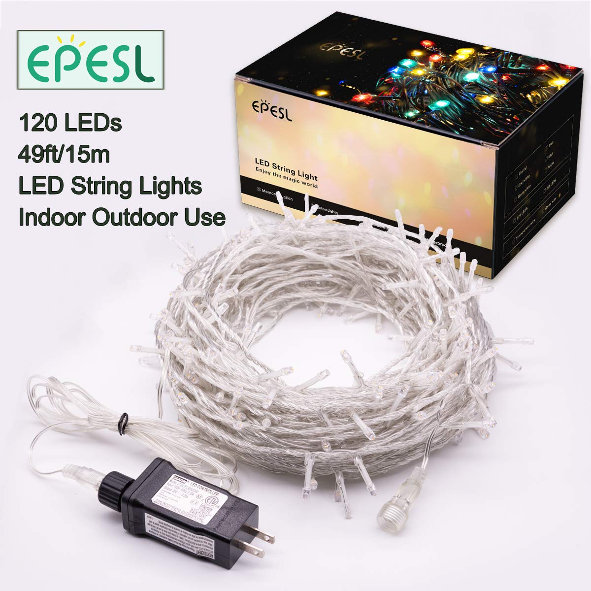 Christmas String Lights - 120 LEDs 49ft/15m End-to-End 8 Modes Plug in - Indoor/Outdoor Waterproof Decorative Fairy Twinkle Xmas Lights for Home/New Year/Tree/Thanksgiving Day/Wedding - Cool White
