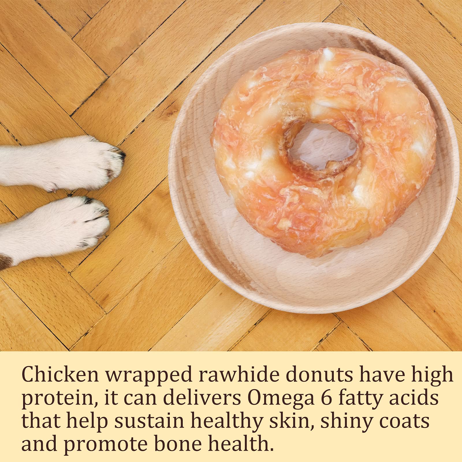 Pawmate Dog Treats Large Breed, Chicken Wrapped Rawhide Donuts Ring Rawhide Dog Chews Long Lasting Grain Free Snacks with Taurine for Medium Large Dogs 4 Counts