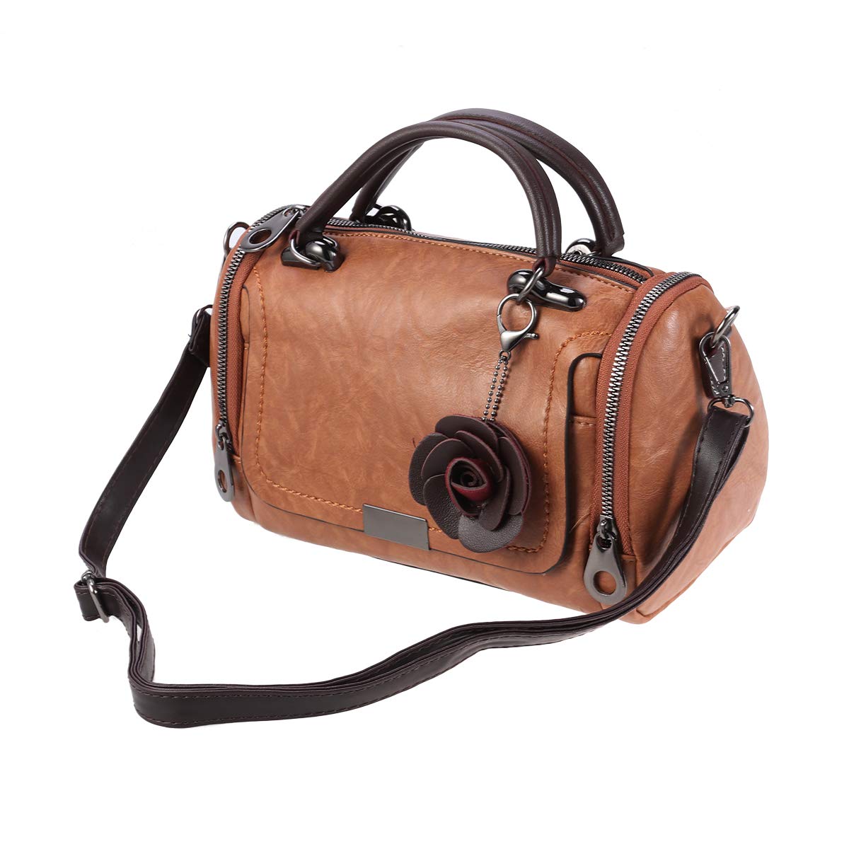 TENDYCOCO Crossbody Bag Barrel Handbag with Flower Pendant for Women (Brown)