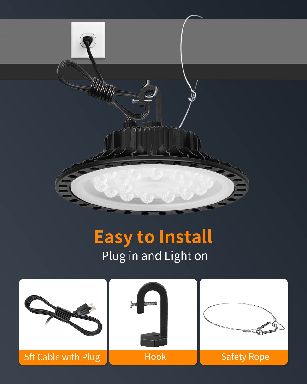 FAMURE LED UFO High Bay Light, 2Pack 100W 12000LM with Plug 5ft Cords Led 6000K Workshop Lighting IP65 Waterproof Outdoor Security Light led floodlight Garage Lighting LED Commercial Bay Lighting