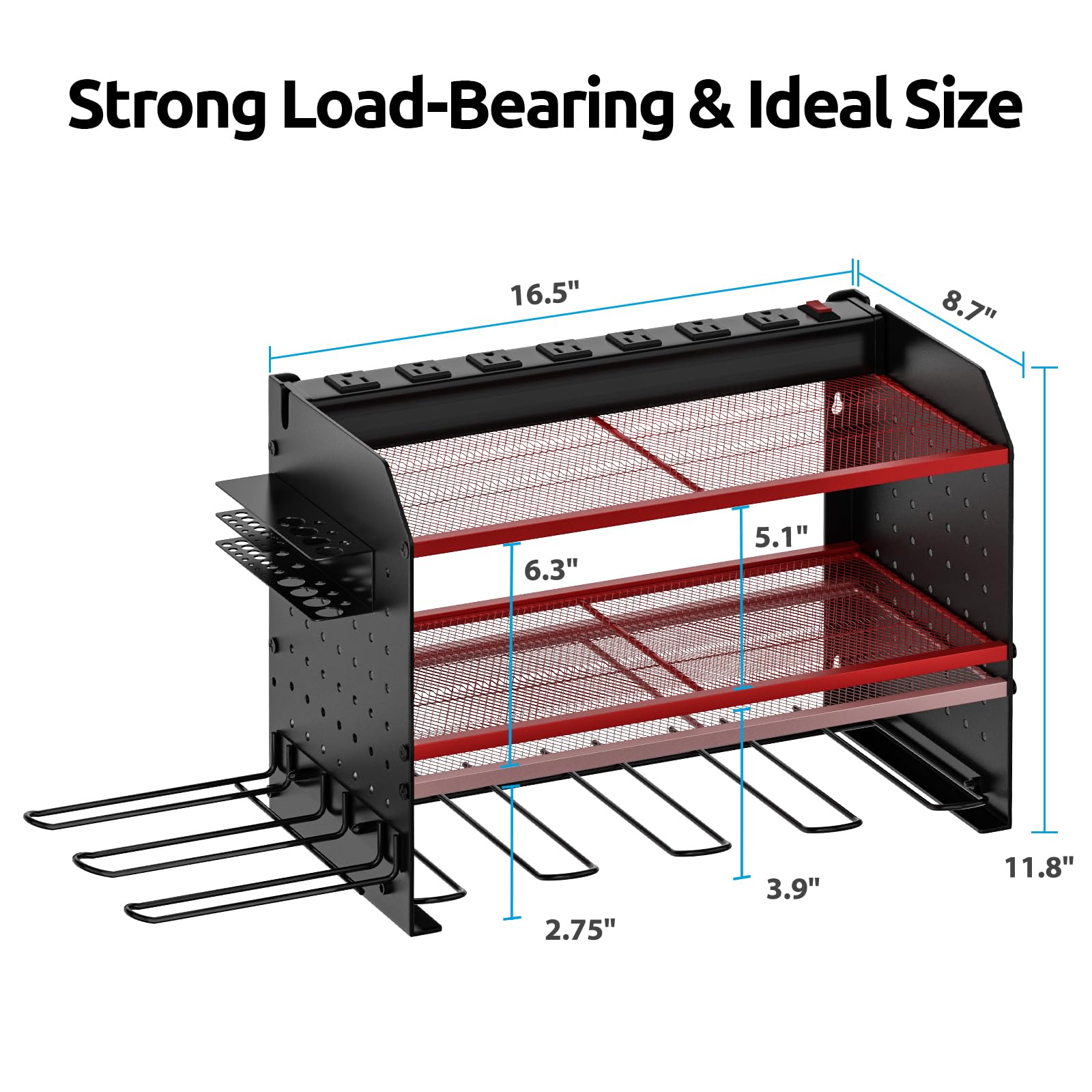 FUZVOL Power Tool Organizer Wall Mount With Power Strip 8-outlet Surge Protector, Heavy Duty Garage Storage Shelves Rack With Drill Bit Holder, Cordless Power Tool Holder With Charging Station,Red