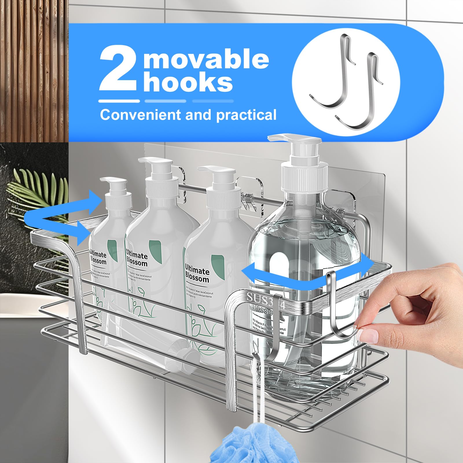 HEGUANRONG Shower Caddy,Shower Organizer for Bathroom With 2 Hooks,SUS304 Stainless Steel,Shower Shelves for Inside Shower,Rustproof Bathroom Shelf,No Drilling.