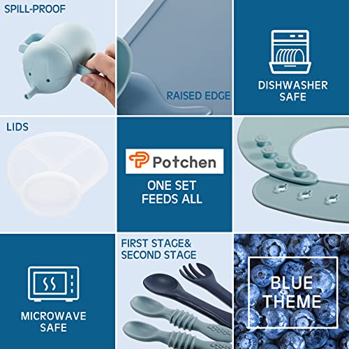 Potchen Baby Led Weaning Supplies Baby Feeding Set Toddlers Silicone Divided Suction Plate Suction Bowl, Adjustable Bib, First Stage Spoon Fork, Placemat, Straw Cup Infant Self Eating Utensil (Blue)