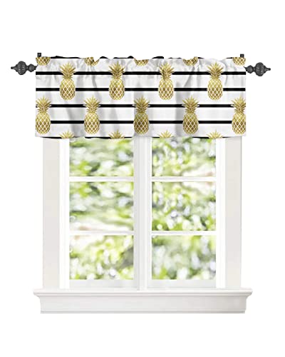 Window Valance for Kitchen,Summer Gold Pineapple Black White Stripes Curtain Valances Rod Pocket Short Curtains,Tropical Fruit Seamless Privacy Window Treatment for Bedroom Living Room 42x12in