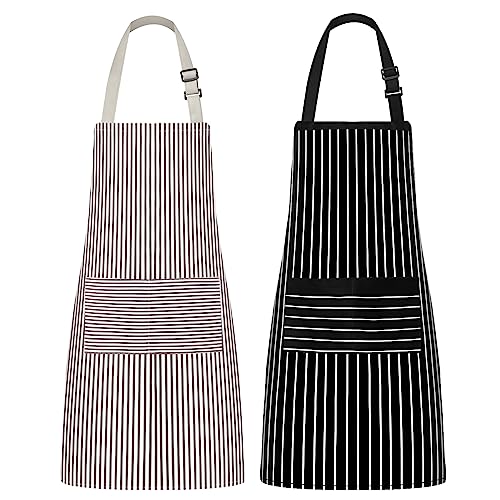 Syntus Kitchen Cooking Apron, 2 Pack Adjustable Bib Chef Aprons for Women Men with 2 Pockets, L-Black/Brown Stripes