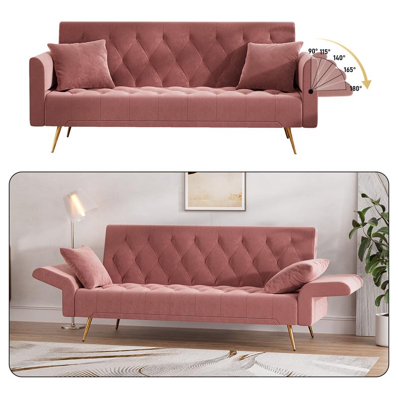 DAMAIFROM 71" Velvet Couch, Futon Sofa Bed, Sleeper Sofa with Adjustable Back, Loveseat,Mid Century Modern Couches with Folding Armrests for Living Room, Bedroom,Small Spaces (Rose Pink)