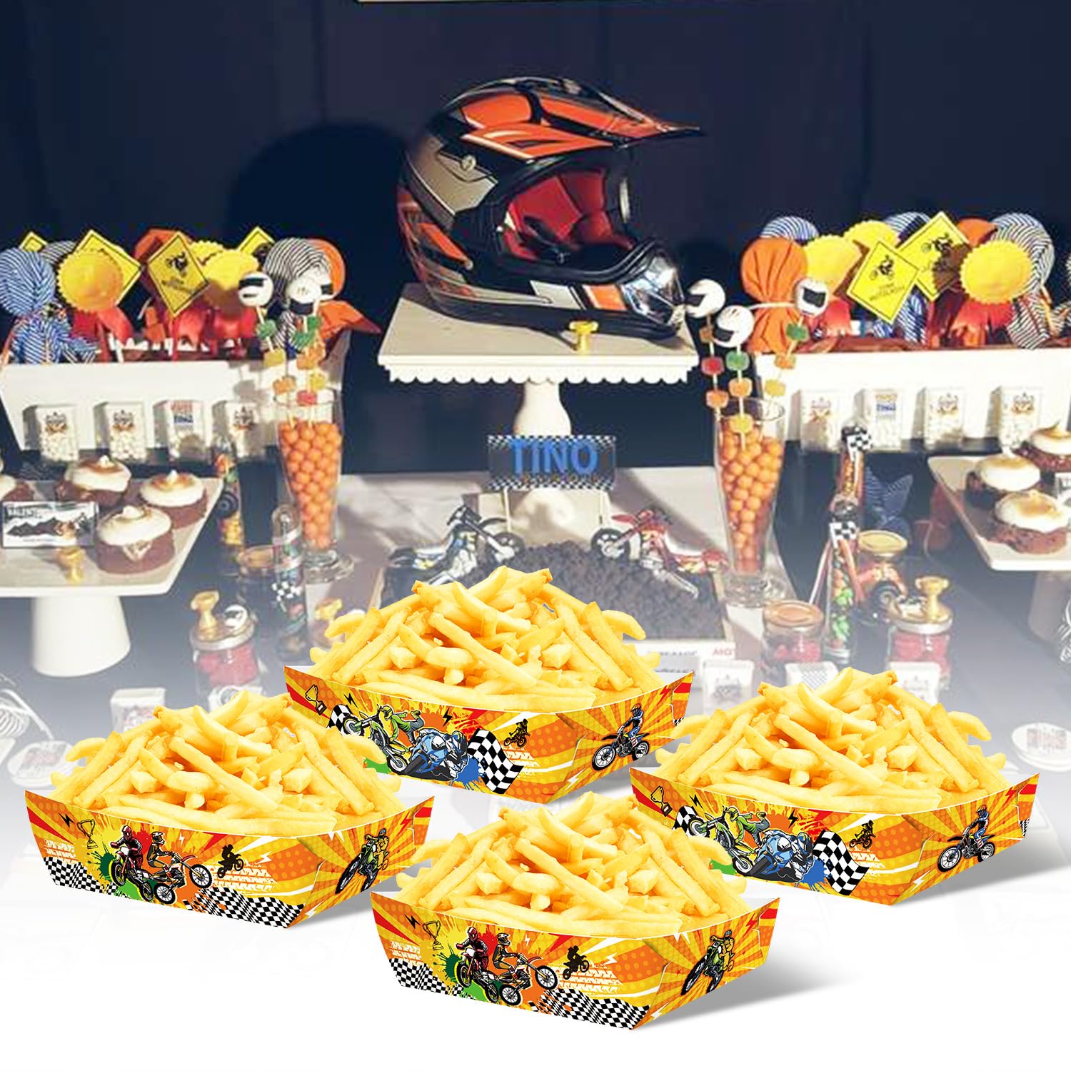 Heidaman Dirt Bike Paper Trays, 12pce, Yellow, Disposable, Motorcycle Design, Birthday Party Supplies