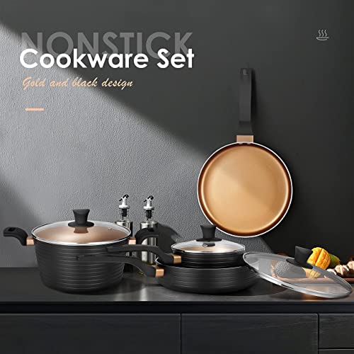Pots and Pans Sets, Nonstick Cookware Set, Induction Pan Set, Chemical-Free Kitchen Sets, Saucepan, Frying Pan, Saute Pan, Black, 9 Pieces