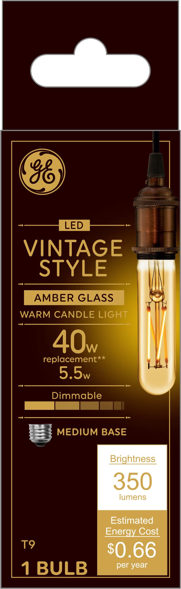 GE Vintage Style LED Light Bulb, 40 Watt, Amber Finish, T9 Tube Light (1 Pack)