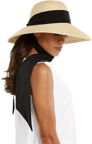 Coolibar UPF 50+ Women's Stella Scarf Detail Hat - Sun Protective (One Size- Natural/Black Colorblock)