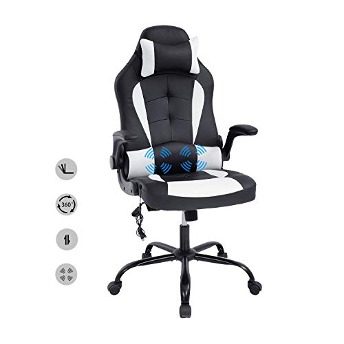 HCB Office Chair, Gaming Chair, Ergonomic Computer Desk Chair High Back Rolling Swivel Height Adjustable with Flip-Up Arms, Headrest and Lumbar Support, Massager, Leather (White)