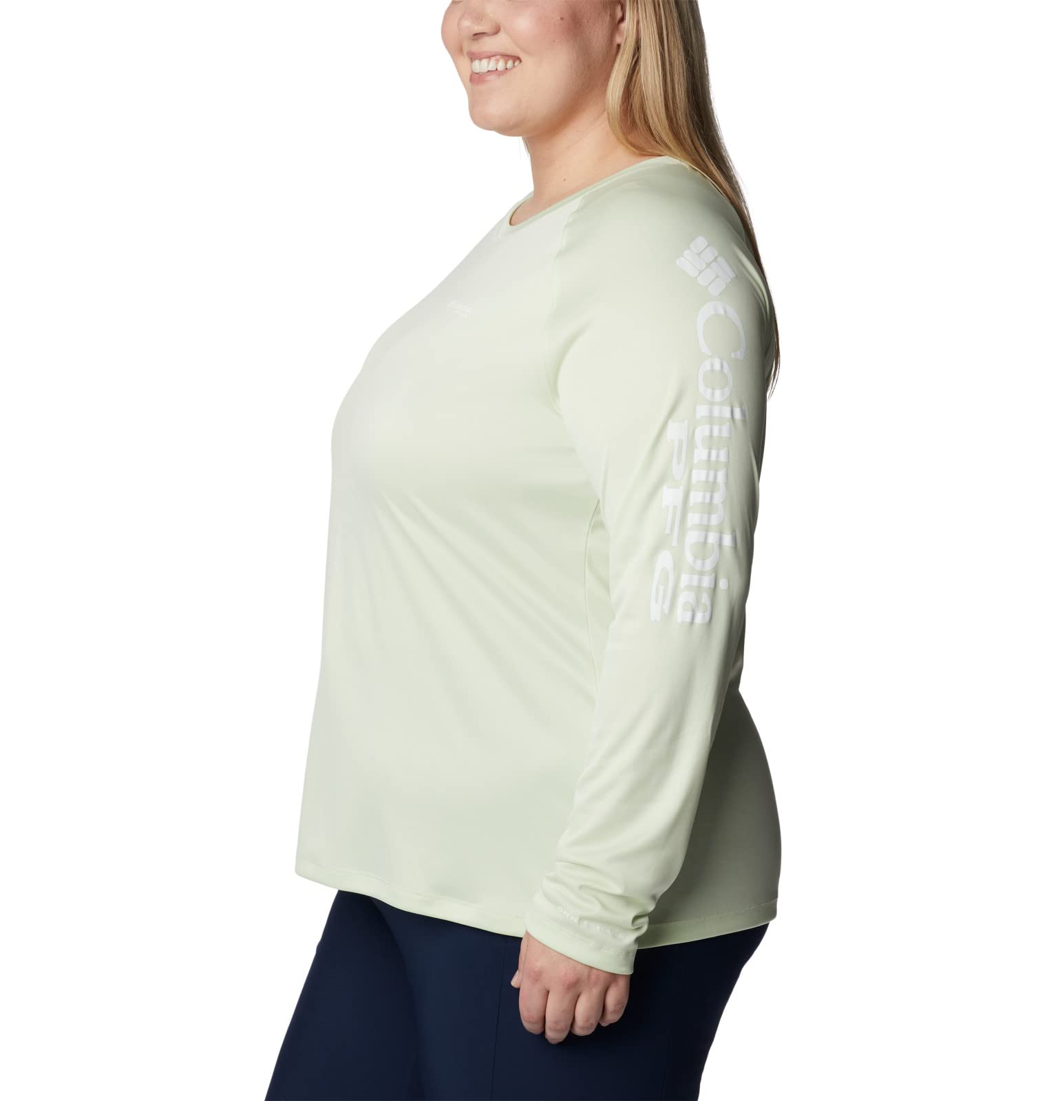 Columbia Women's Plus Size PFG Tidal Tee II Sun Protection Long Sleeve Shirt, Light Lime/White Logo, 2X
