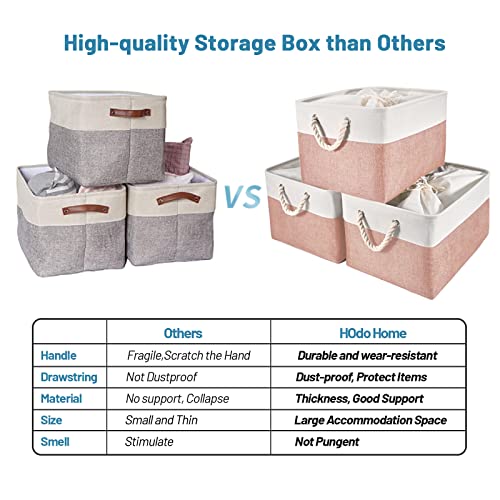 HOdo Home Fabric Storage Bin with Drawstring Closure and 2 Bold Handles, Collapsible Large Canvas Storage Baskets for Organizing Shelf Nursery Home Closet (White&Pink, 15.8L×11.8W×9.5H - 3Pack)