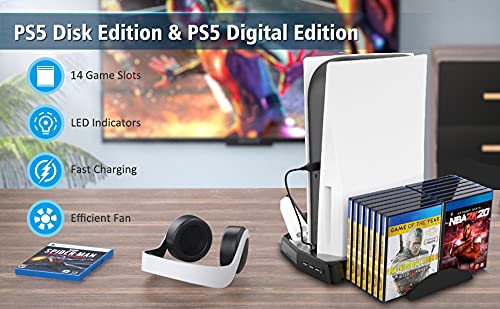 Cooling Fan Vertical Stand Compatible with Playstation 5 with DualSense Controller Charging Station and 14 Game Slots - 4 Thumbstick Caps Included