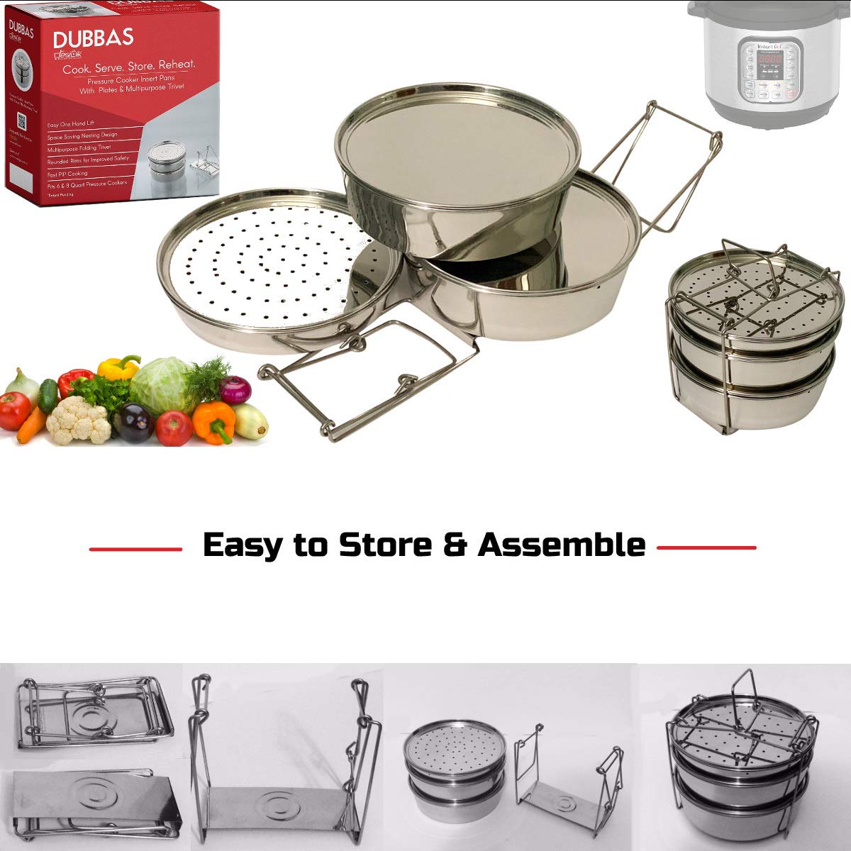 Dubbas - Premium Quality 3 Tier Stainless Steel Stacking Insert Pans/Steamer Compatible with 6 Quart Instant Pot Cooker PIP w/Lids/Plates & Trivet/Sling to Cook, Serve, Store & Reheat