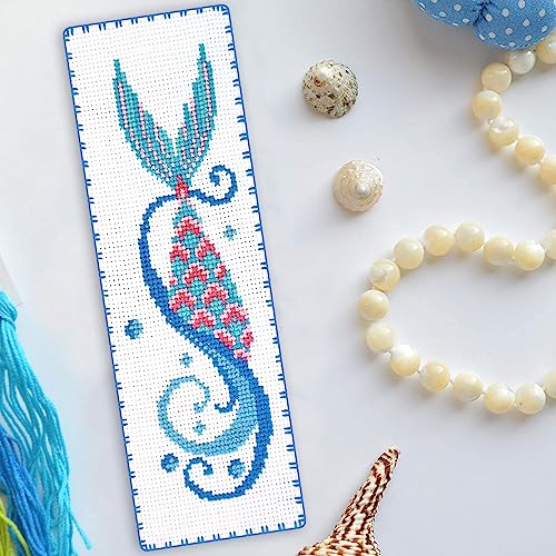 Povitrulya Mermaid's Tail - Counted Cross Stitch Bookmark Kit - DIY Embroidery Set for Adults with Paper Pattern, 16-Count Aida Canvas and Presorted Floss