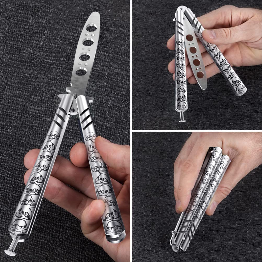 Bundle of 2 Items - 2,95β Serrated Blade Pocket Knife - Black Folding Knife with Glass Breaker and Seatbelt Cutter - Small EDC Knife - Dull Not-Sharp Blade - Skeleton Dull Trick Butterfly Knifes