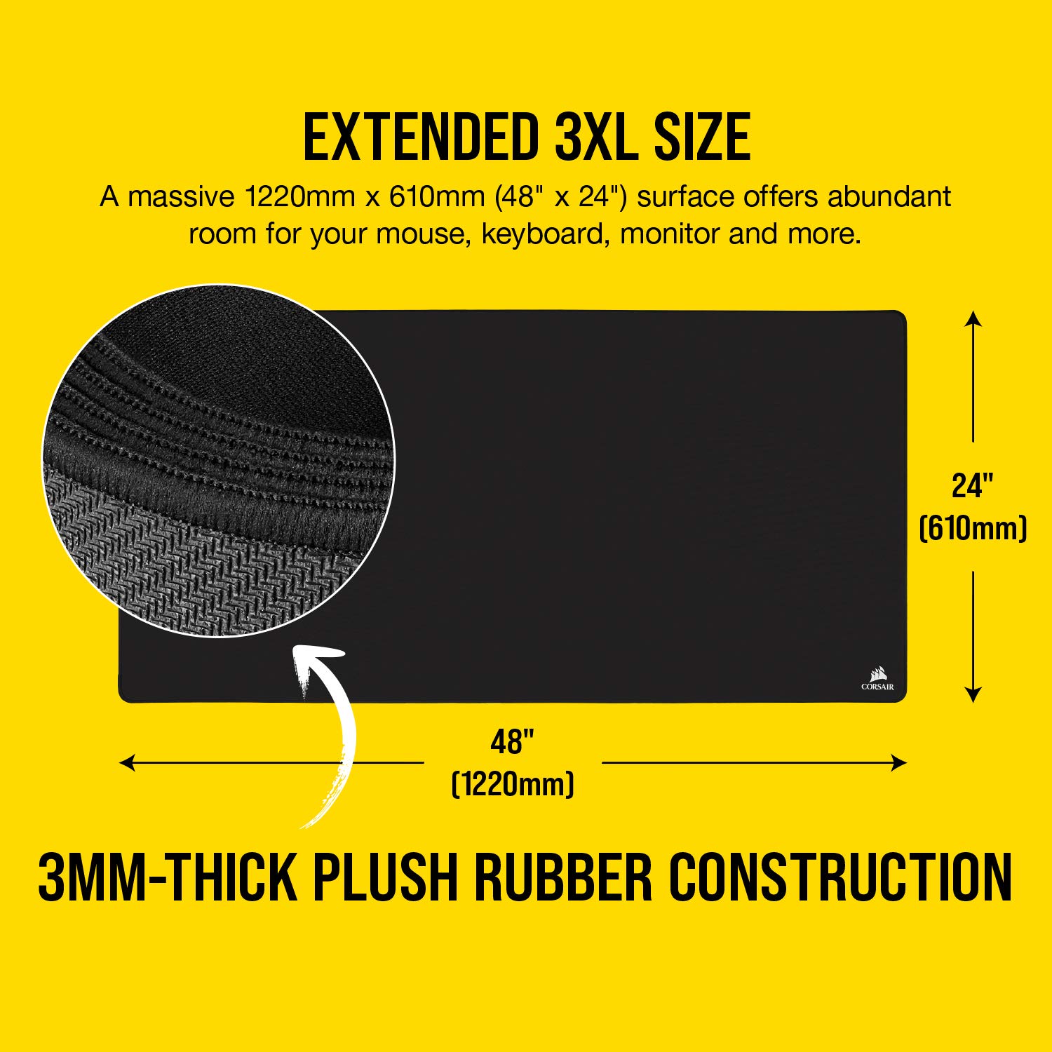 Corsair MM500 Premium Anti-Fray Cloth Gaming Mouse Pad, Extended 3XL - Black