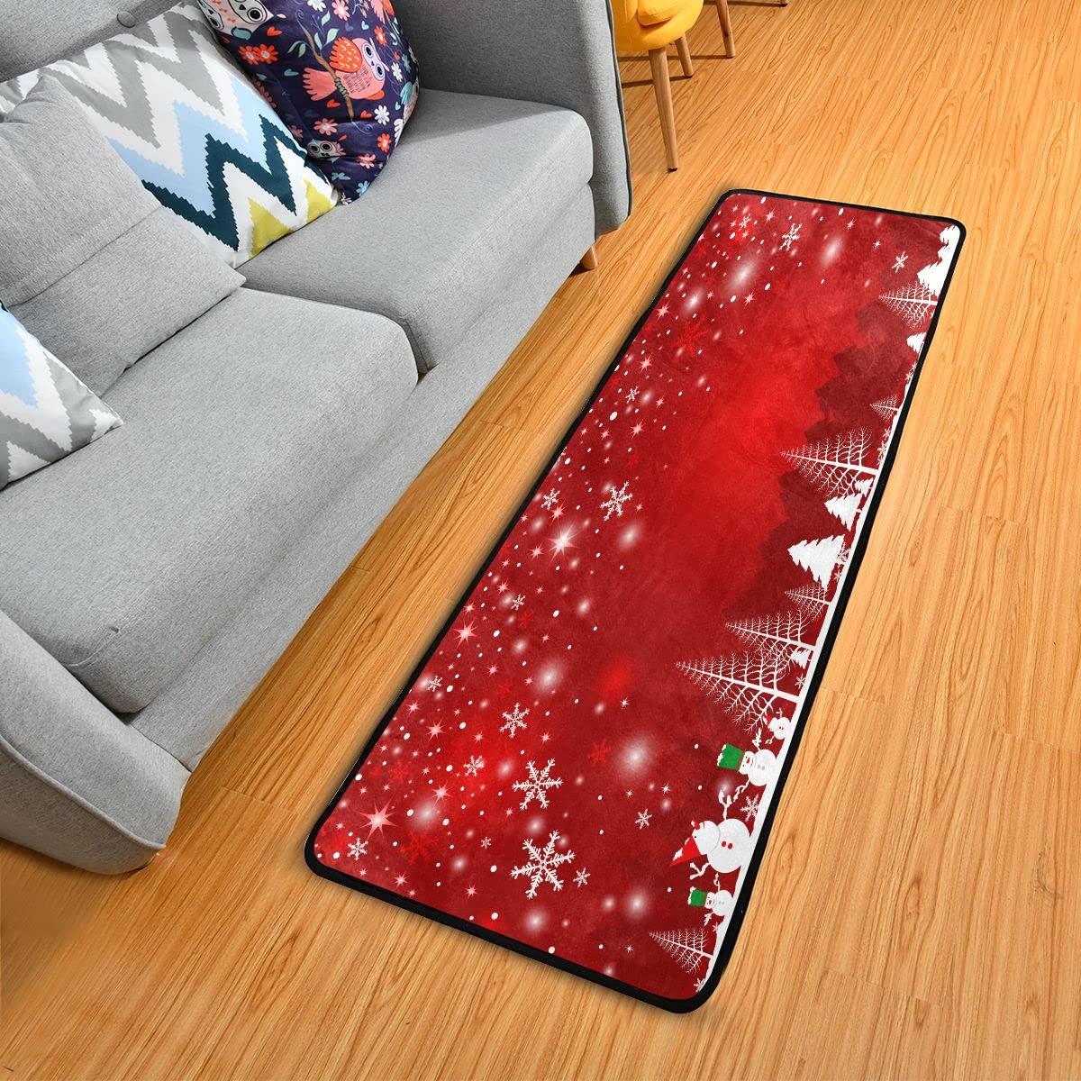 Christmas Tree Snowman Runner Rug Snowflakes Red Bath Rug Kitchen Mat Doormat Large Runner Carpet 72" X 24"