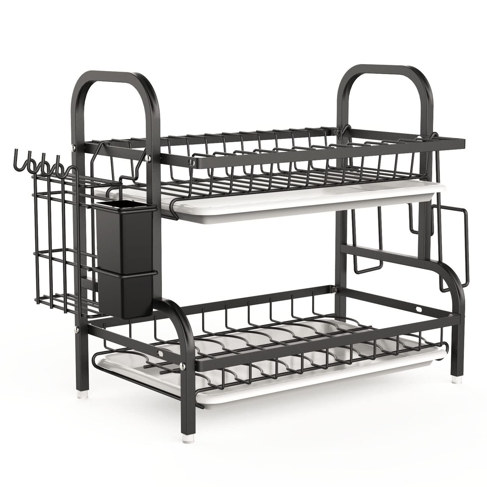 DUCHIFAD Dish Drying Rack, 2-Tier Dish Racks for Kitchen Counter, Sink Dish Drainer with Drainboard, Utensil Holder and Cutting Board Holder, Stainless Steel Kitchen Drying Rack-Black