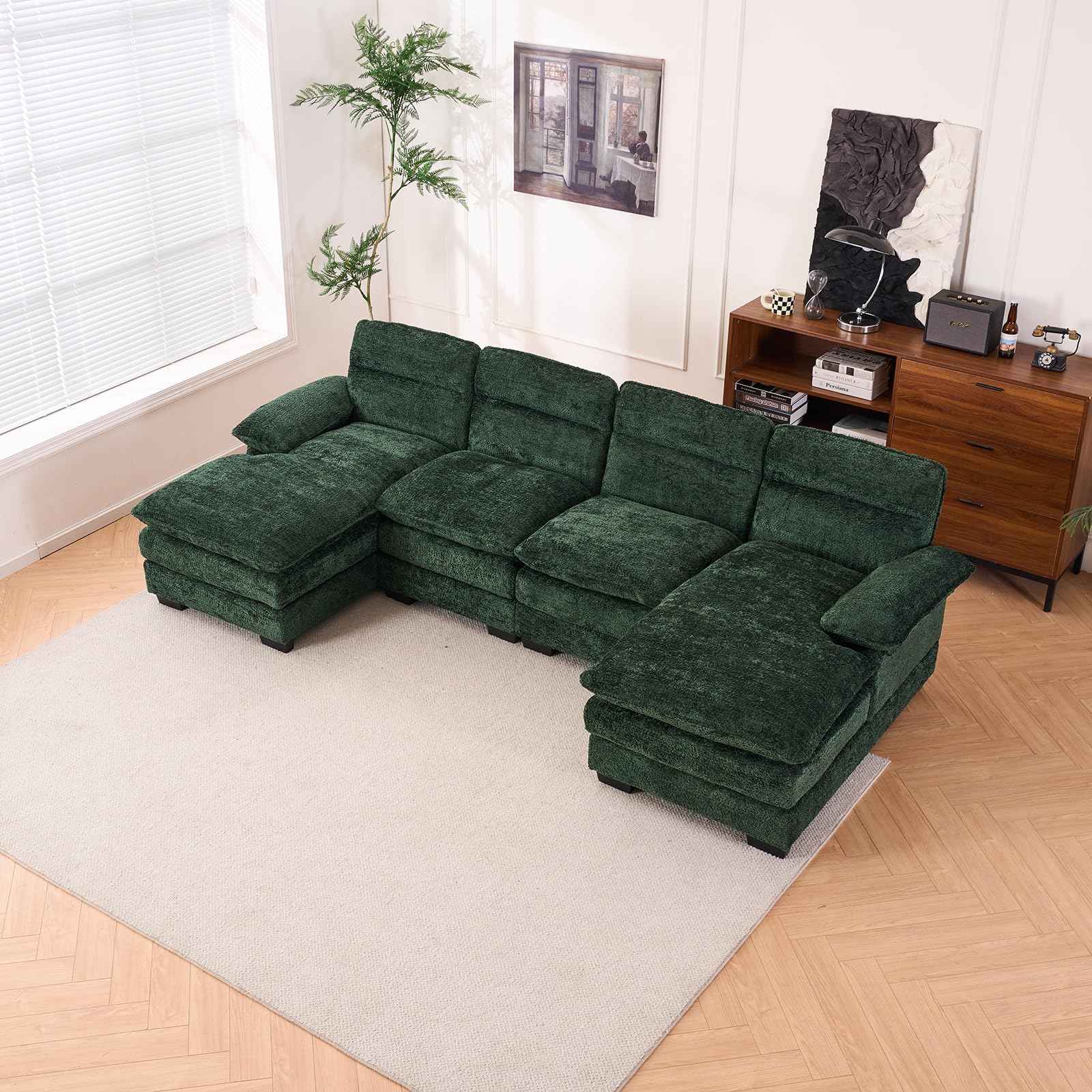 HANLIVES 111.8" U-Shaped Sofas for Living Room Apartment,Modern 4 Seats Sectional Sofa Couch with Double Chaise,Chenille Fabric Cloud Couches-Green