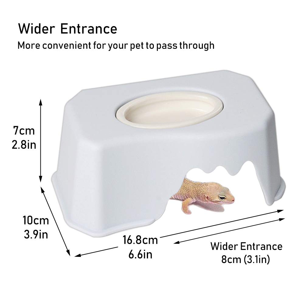 Gecko Hideout Box with Wider Entrance, Hide Cave with Sink to Increase Humidity and Water Supply, Habitat Water Bowl for for Lizards, Turtles, Reptiles, Amphibians, Small Snake